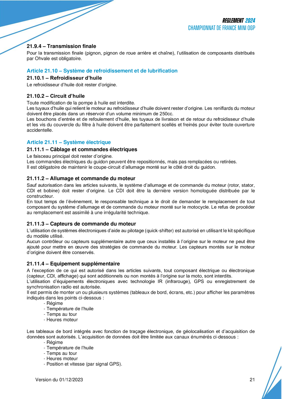 Règlement Championnat de France Mini OGP | FFMoto